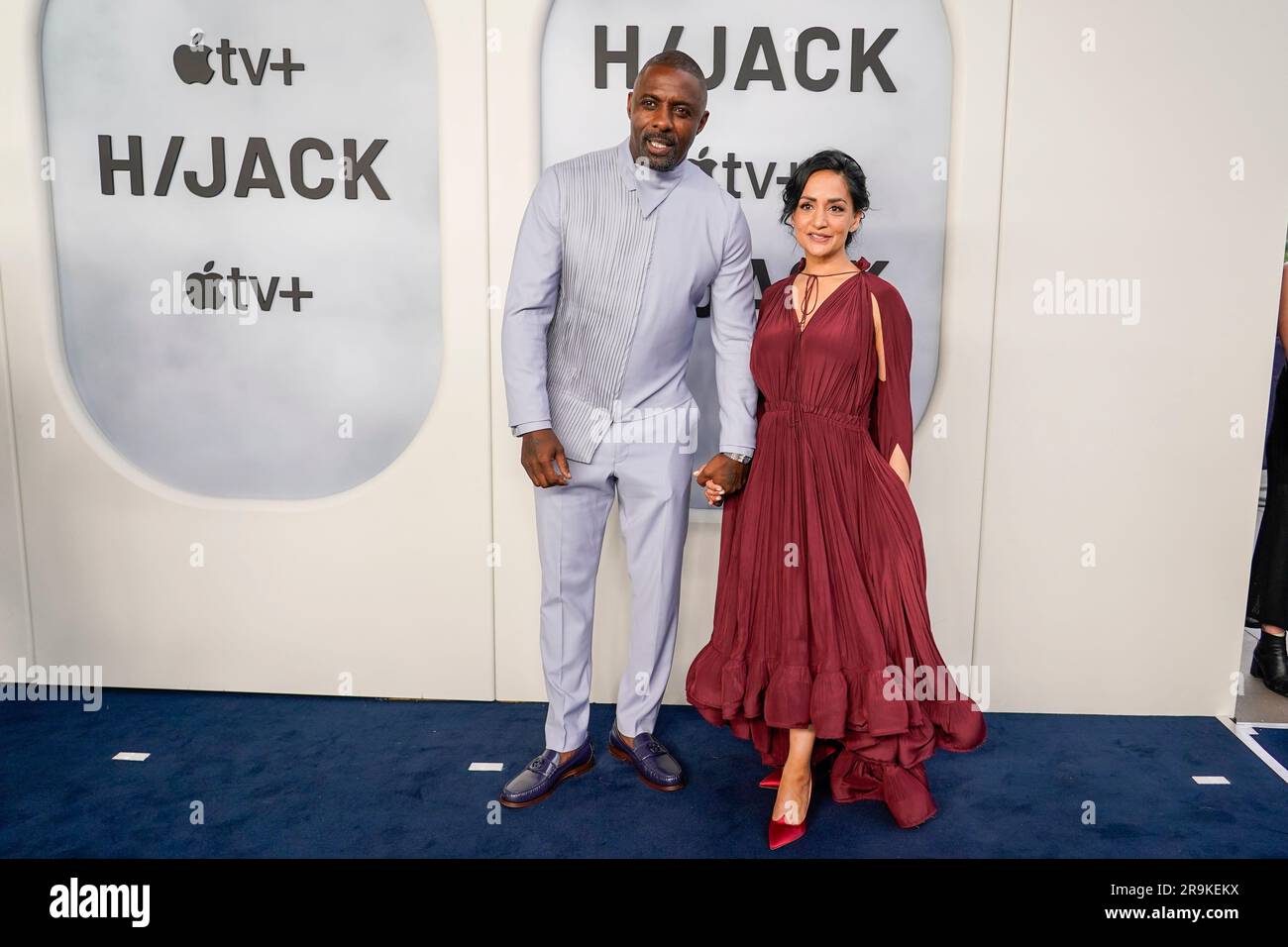 Idris Elba and Archie Punjabi attend the Hijack premiere, in London ...