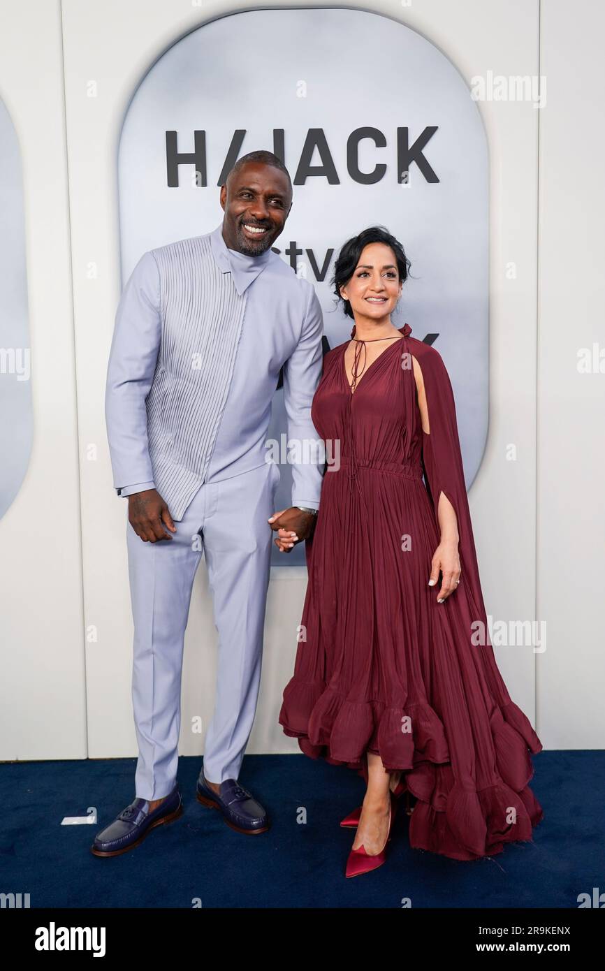 Idris Elba and Archie Punjabi attend the Hijack premiere, in London ...