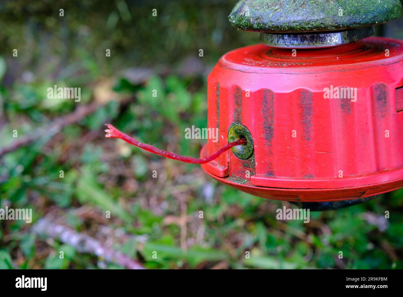 Trimmer reel with string, lawnmower on grass background. Red trimmer ...
