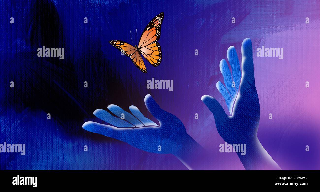 Conceptual abstract graphic art of pair of hands open trying to either ...