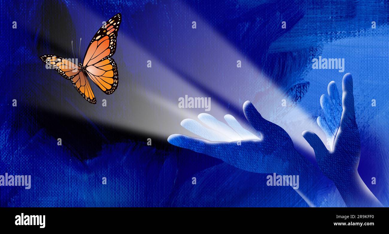 Conceptual abstract of hands setting free iconic Monarch butterfly. Graphic background used for ...