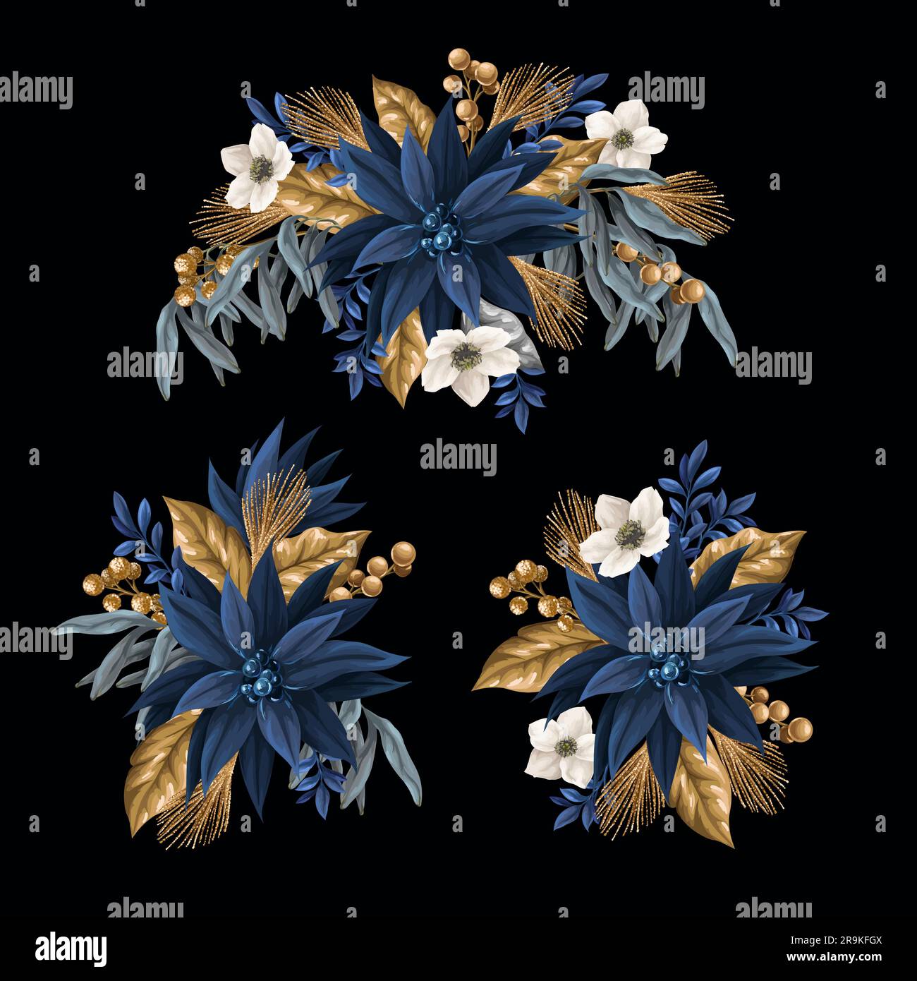 Bouquets with blue poinsettia and gold elements. Vector Stock Vector ...