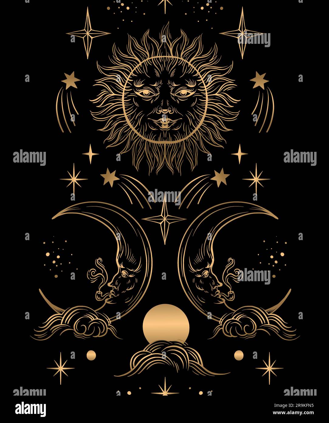 Seamless pattern with golden graphic sun and moon. Vector Stock Vector ...