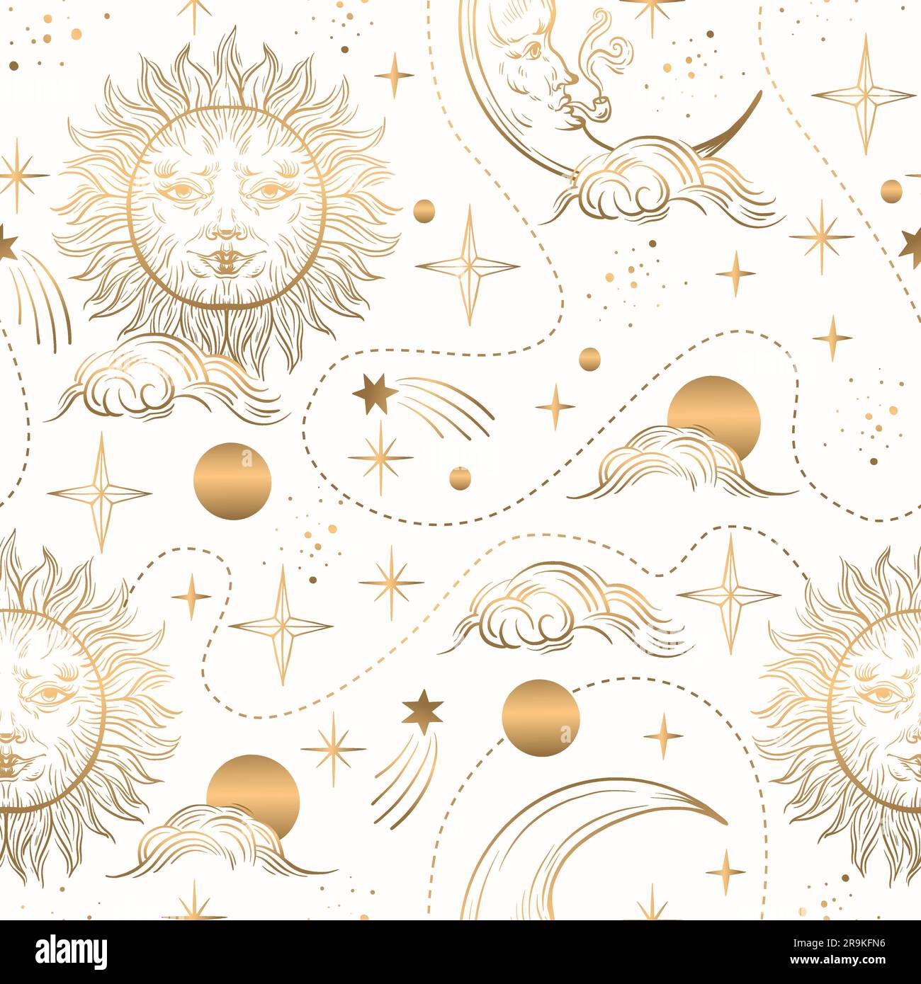 Seamless pattern with golden graphic sun and moon. Vector Stock Vector ...