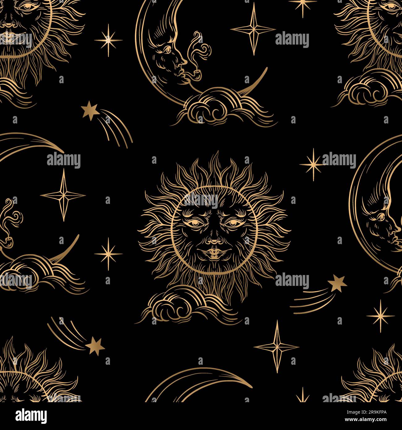 Seamless pattern with golden graphic sun and moon. Vector Stock Vector ...