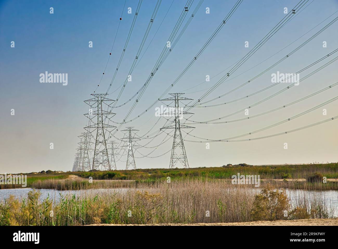 High Power Electric transmission grid lines in the desert.Dammam -Saudi ...
