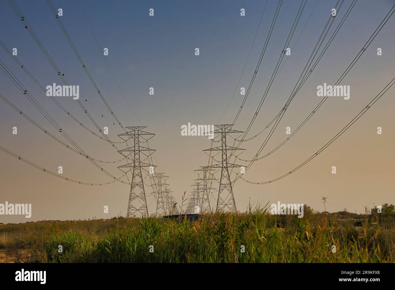 High Power Electric transmission grid lines in the desert.Dammam -Saudi ...
