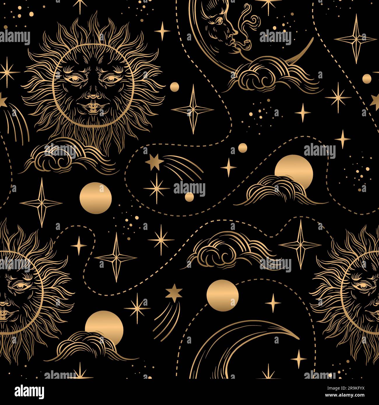 Seamless pattern with golden graphic sun and moon. Vector Stock Vector ...