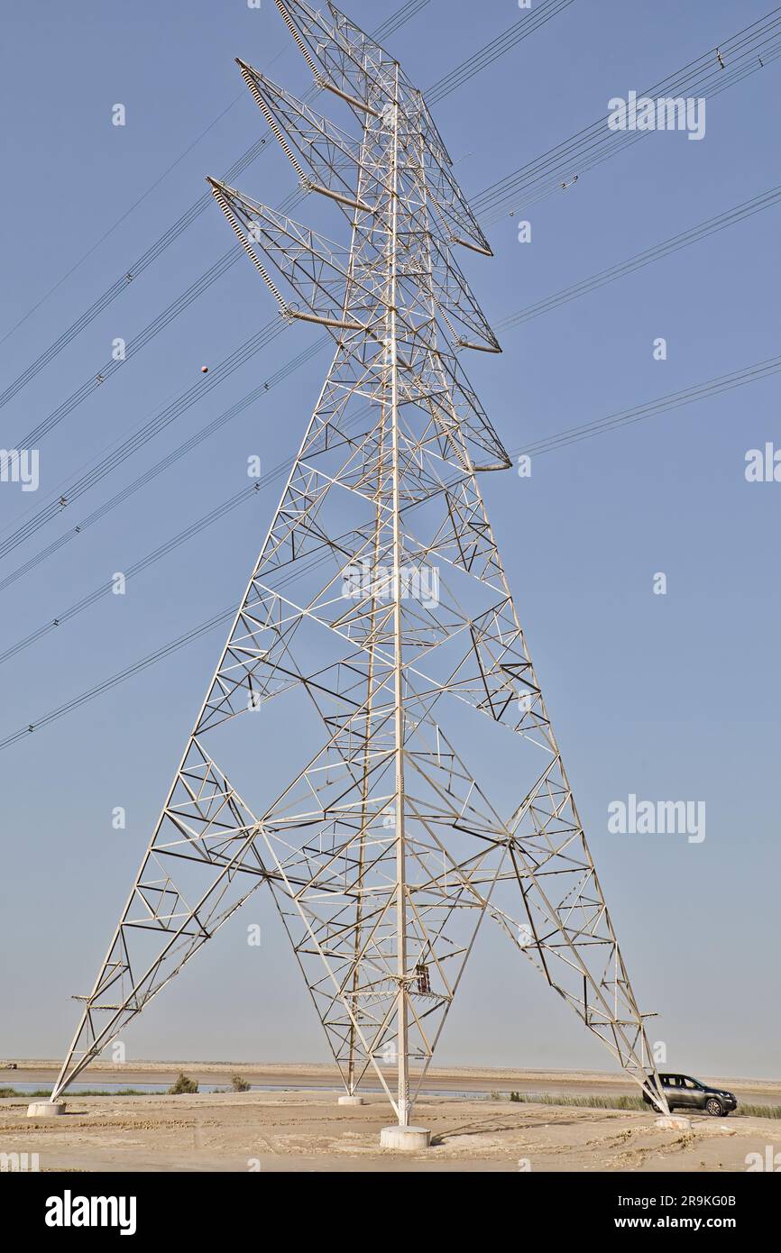 High Power Electric transmission grid lines in the desert.Dammam -Saudi ...