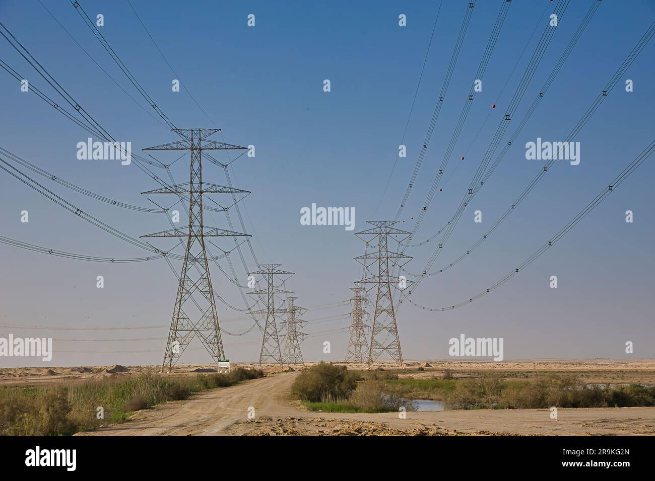 High Power Electric transmission grid lines in the desert.Dammam -Saudi ...