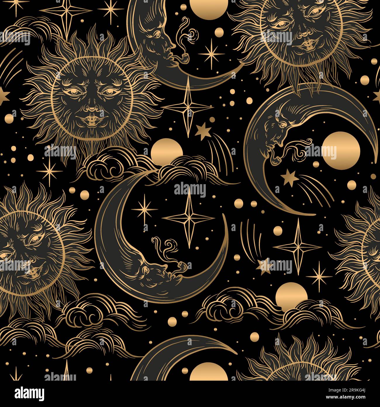 Seamless pattern with golden graphic sun and moon. Vector Stock Vector ...