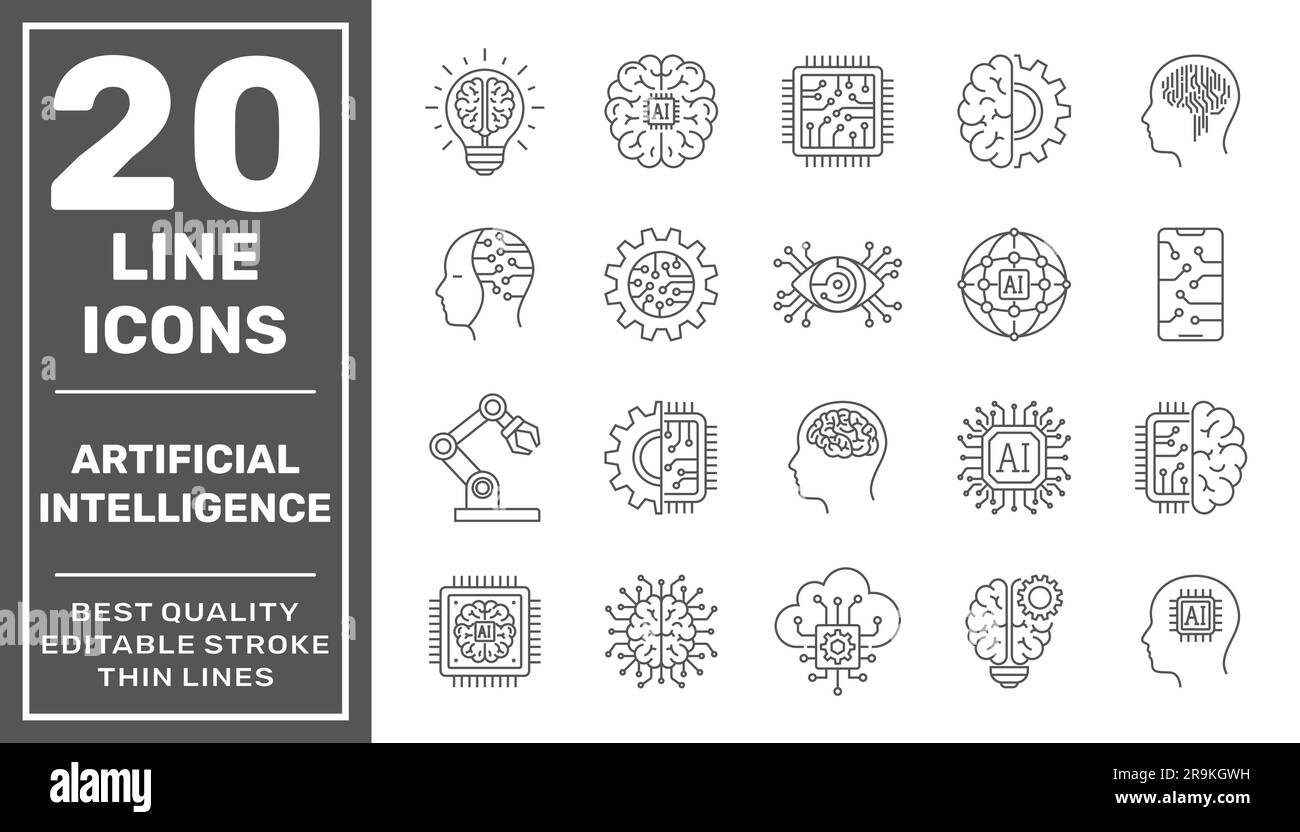 Artificial Intelligence Icon Set In Line Style Machine Learning Smart Robotic And Cloud
