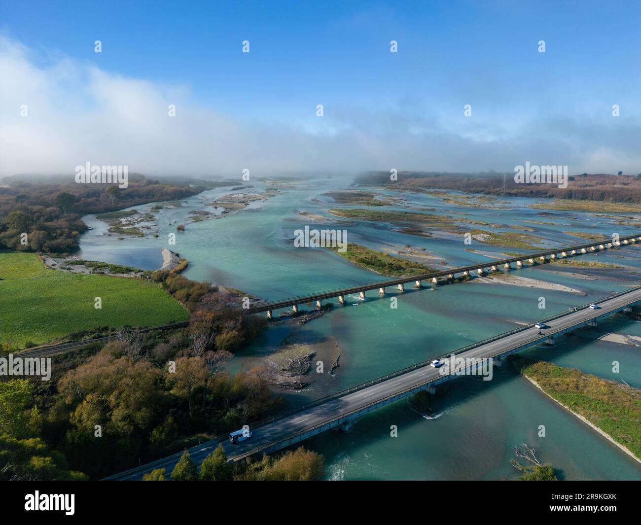 Aerial view of the Waitaki road bridge stretching across a large body ...