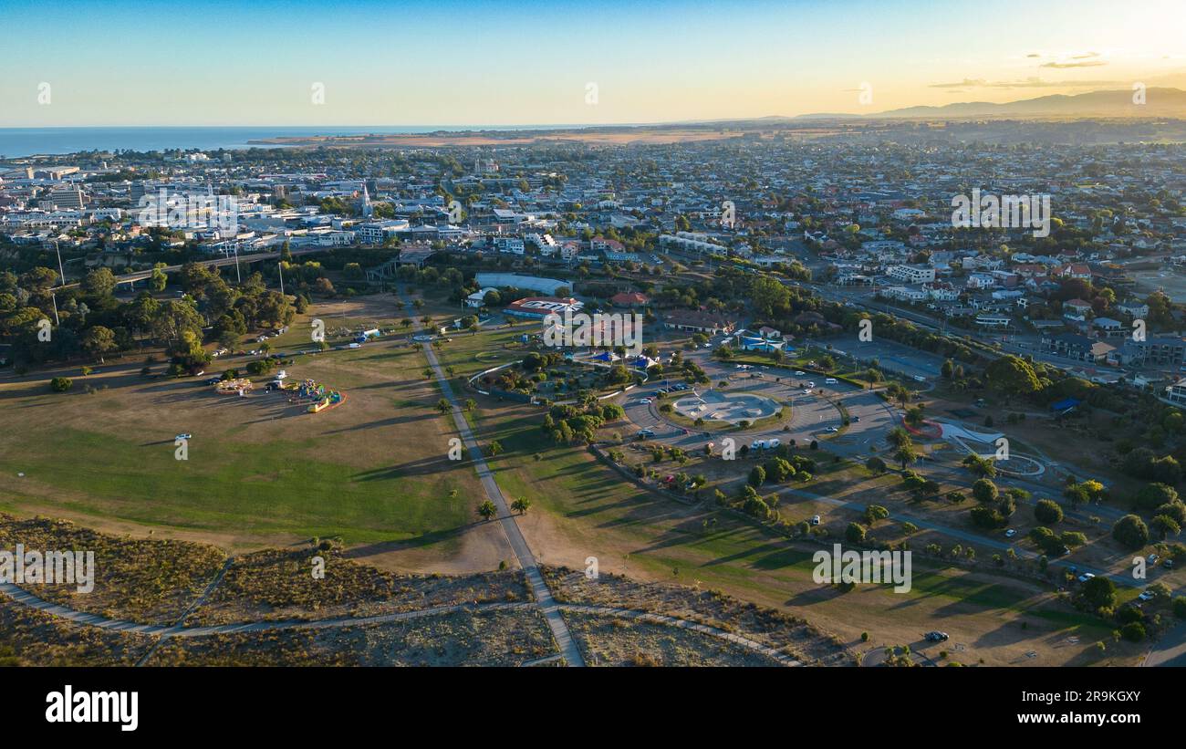 Aerial view of the scenic rural landscape of Caroline Bay and Timaru ...