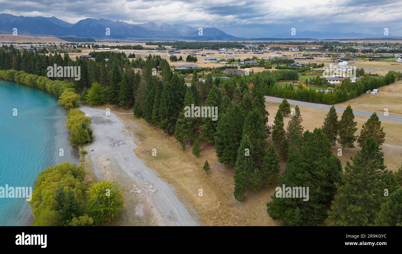 A scenic aerial view of rural landscape of Twizel looking from Lake ...