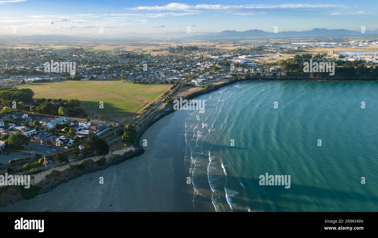 A scenic aerial view of the Caroline Bay Timaru, with a picturesque ...