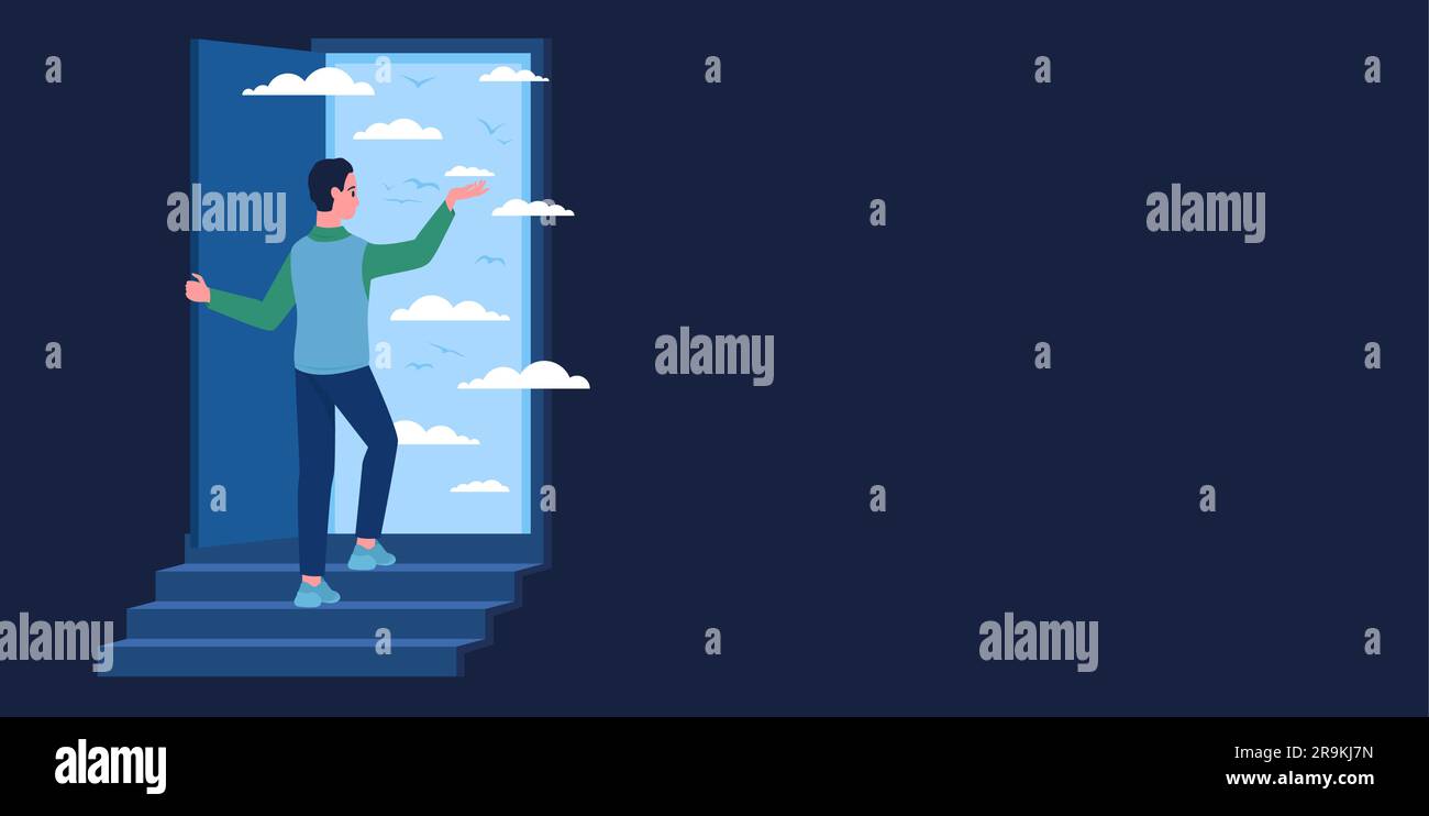 Cartoon man standing on stairs in front of open door to heaven, beauty ...