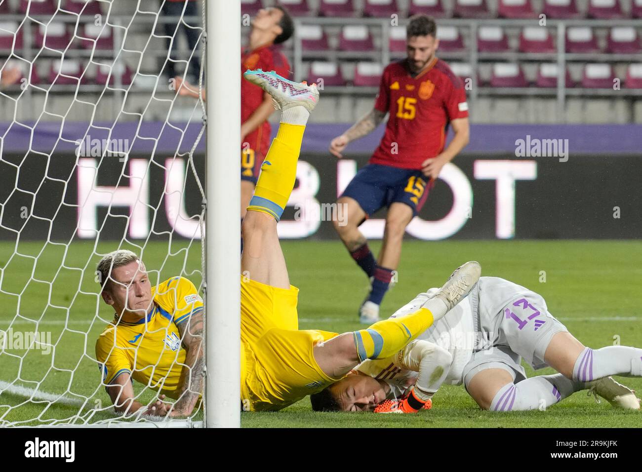 Ukraine's Bohdan Viunnyk scores his side's first goal during the Euro 2023 U21 Championship ...