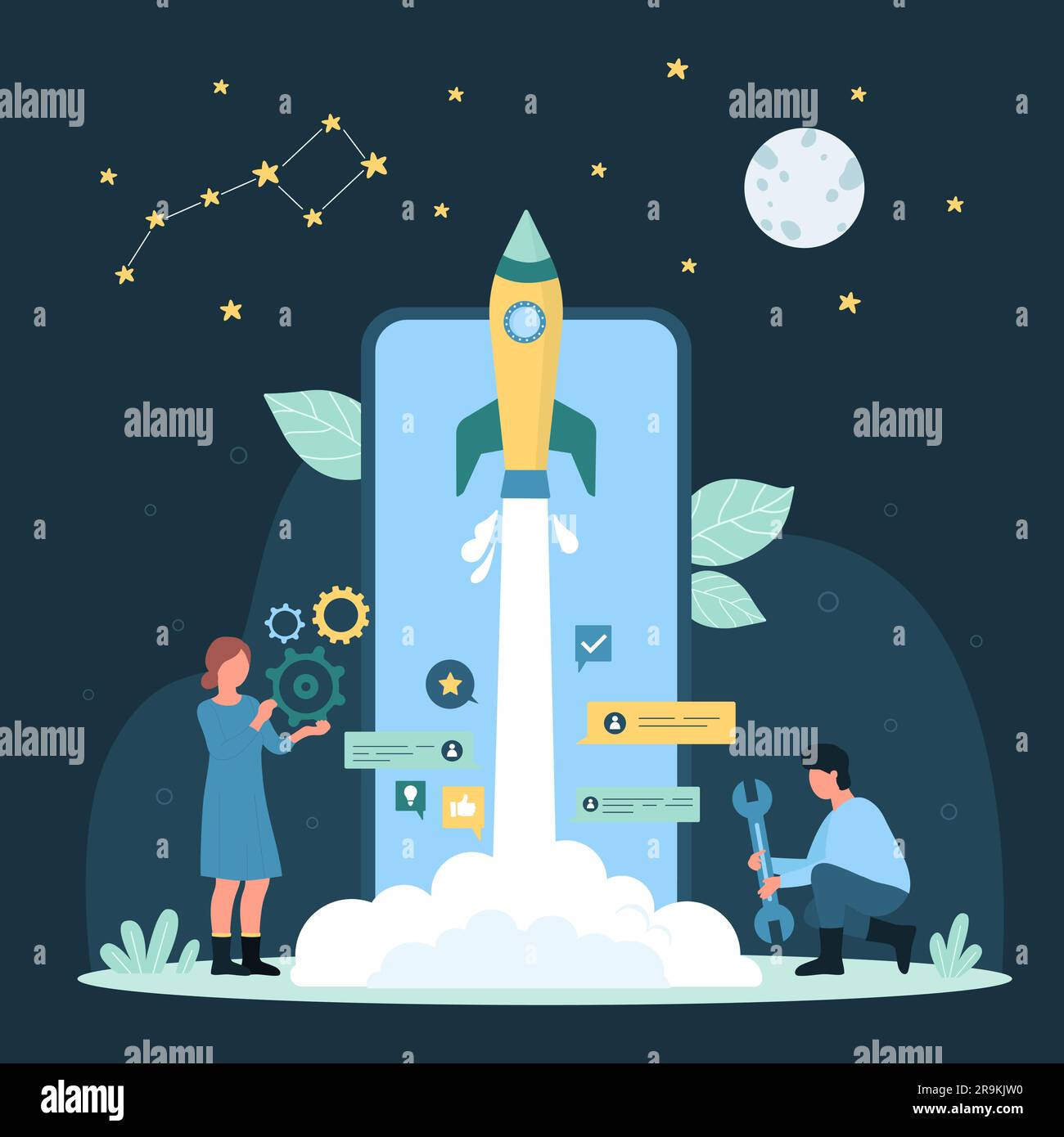 Cartoon tiny people launching rapid rocket from screen of phone, boost startup ideas and project ...