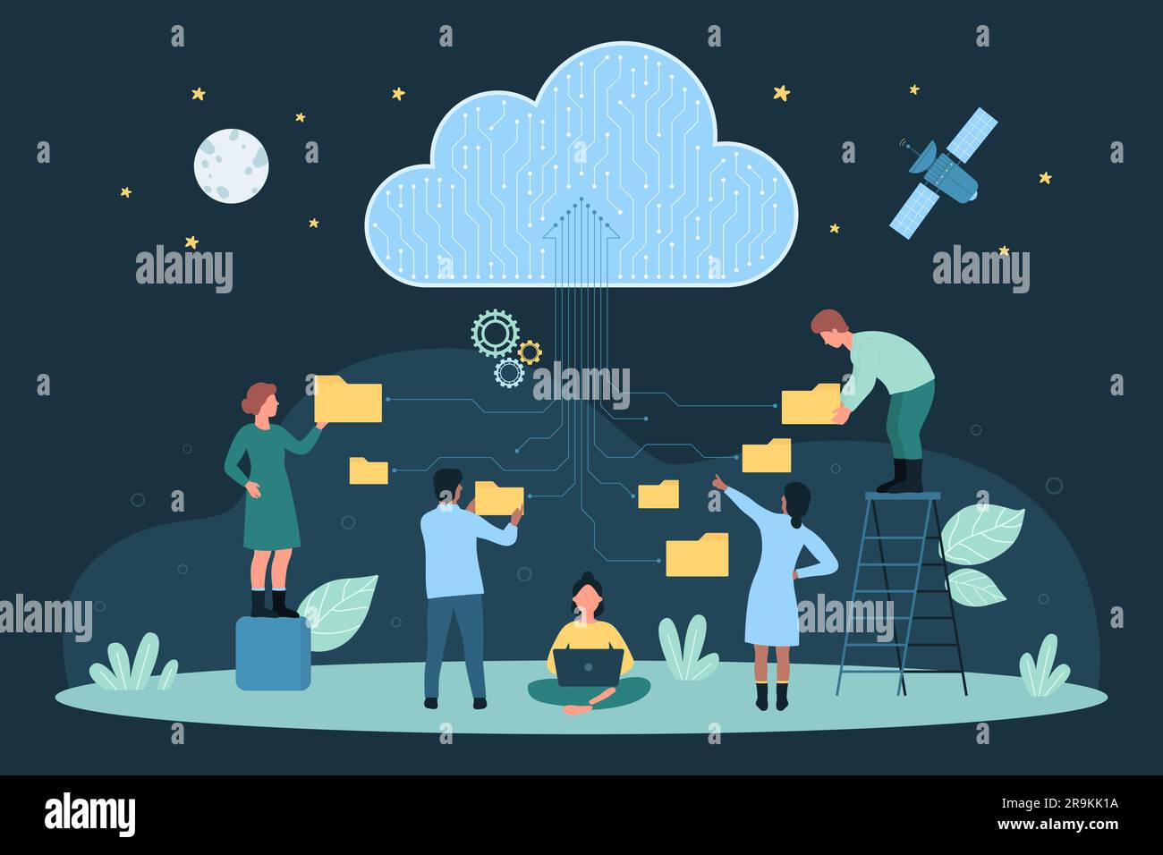 Cartoon tiny people holding folders with files to download information ...