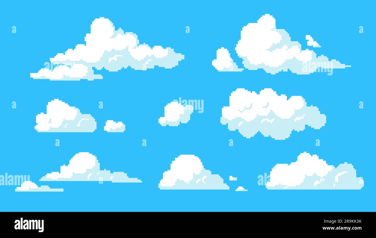 8 Bit Cloud Sky, The Sun With Cloud Icon. Pixel 8 Bit Style Stock