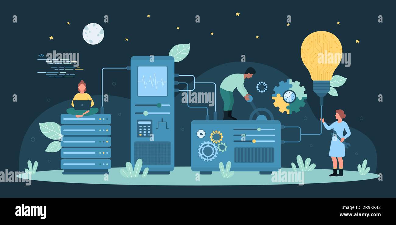 Cartoon tiny people develop product with devices and laboratory ...