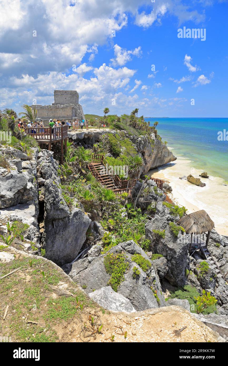 Tourists on the cliffs by El Castillo, the Castle, Tulum Ruins a Mayan ...