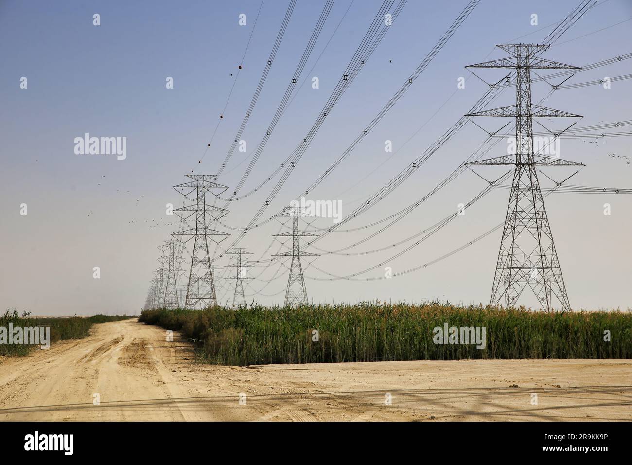 High Power Electric transmission grid lines in the desert.Dammam -Saudi ...