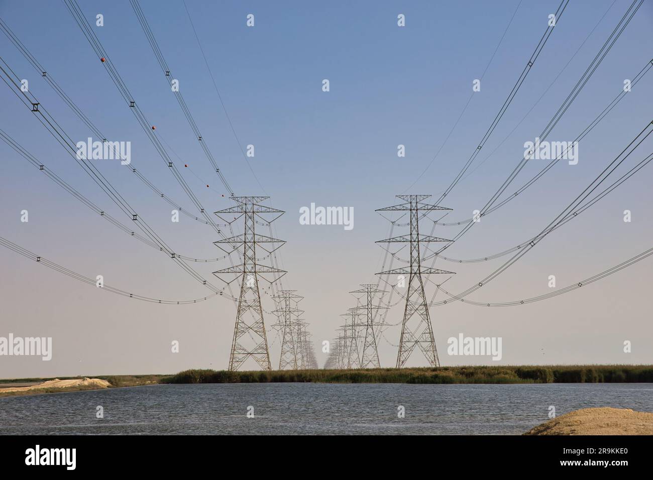 High Power Electric transmission grid lines in the desert.Dammam -Saudi ...