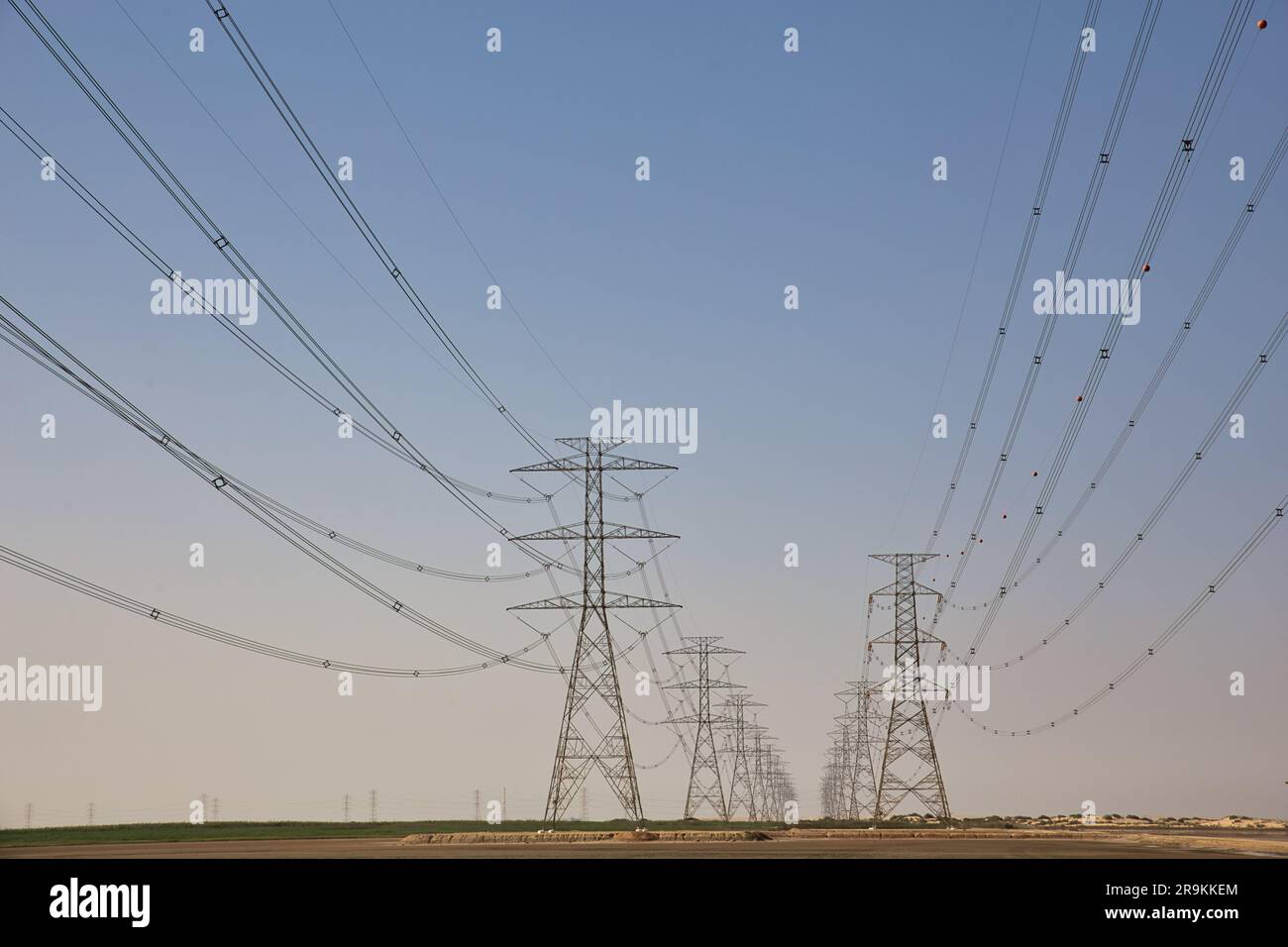 High Power Electric transmission grid lines in the desert.Dammam -Saudi ...