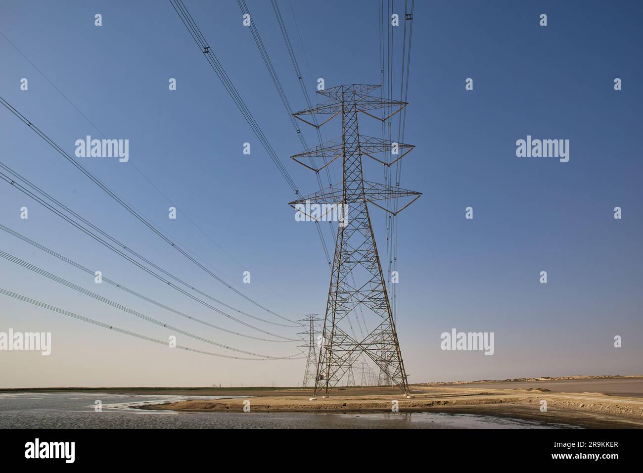 High Power Electric transmission grid lines in the desert.Dammam -Saudi ...