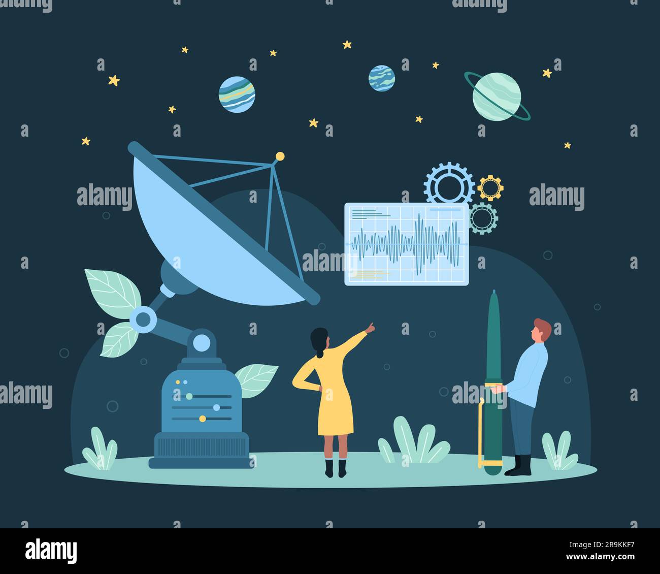 Cartoon tiny people receive or transmit signal of radio waves by parabolic antenna, woman and ...