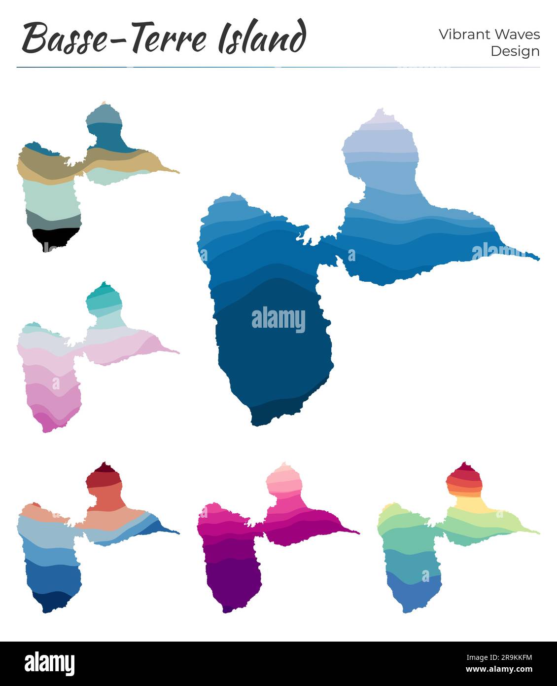 Set of vector maps of Basse-Terre Island. Vibrant waves design. Bright map in geometric smooth ...