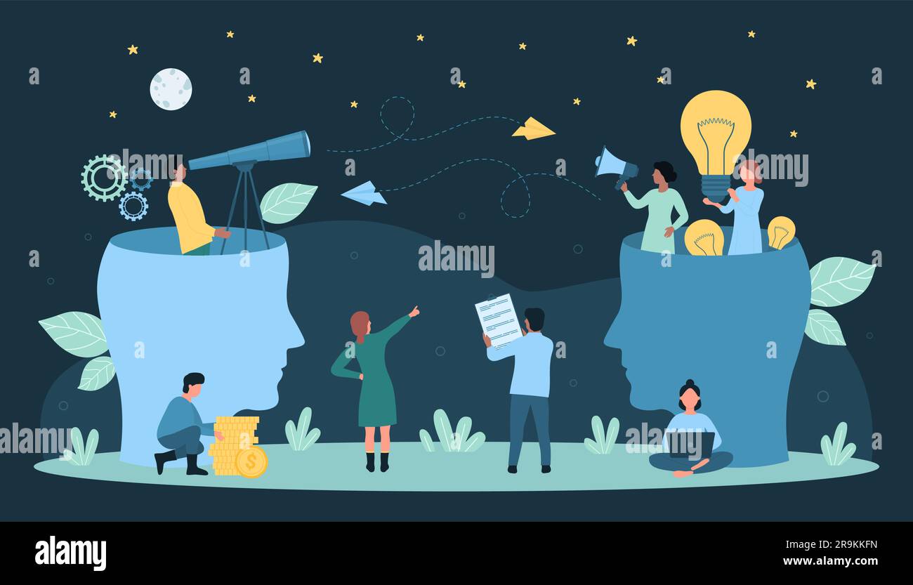 Cartoon professional tiny HR employees with telescope, light bulbs and ...