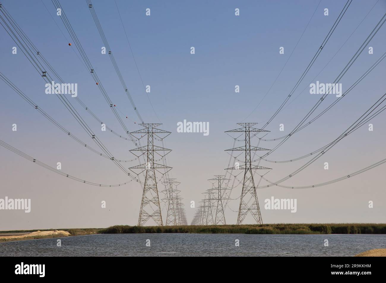 High Power Electric transmission grid lines in the desert.Dammam -Saudi ...
