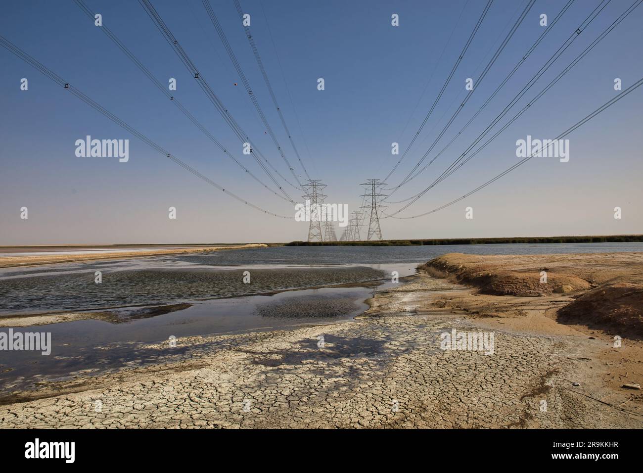High Power Electric transmission grid lines in the desert.Dammam -Saudi ...