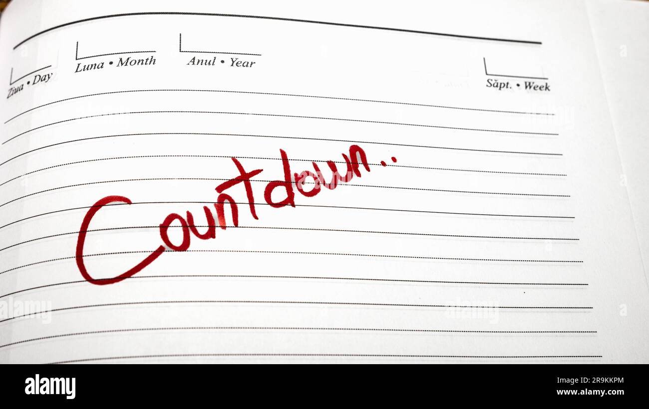 Countdown, handwriting text on page of office agenda. Copy space Stock ...