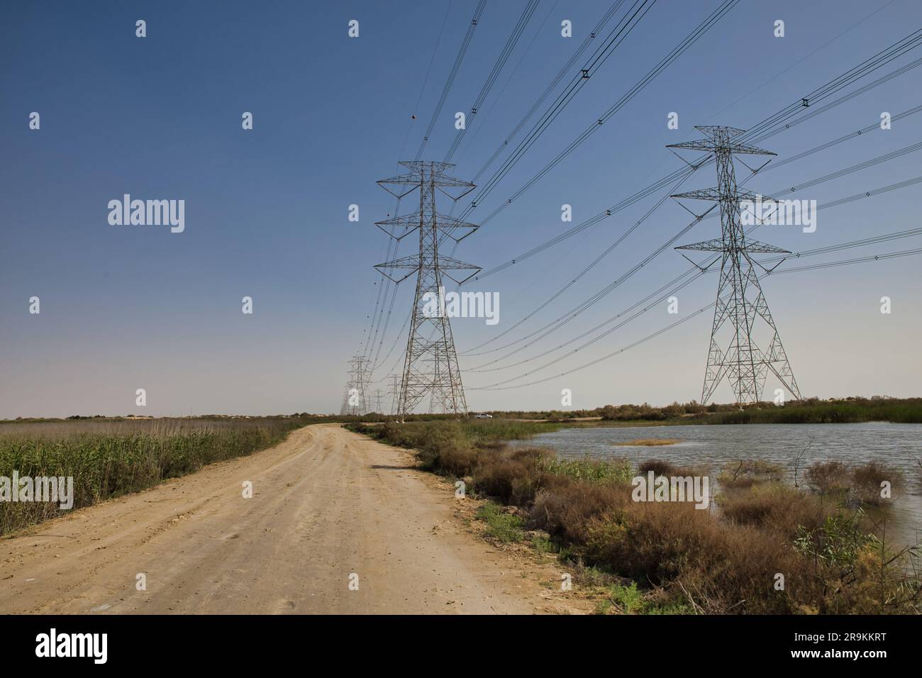 High Power Electric transmission grid lines in the desert.Dammam -Saudi ...