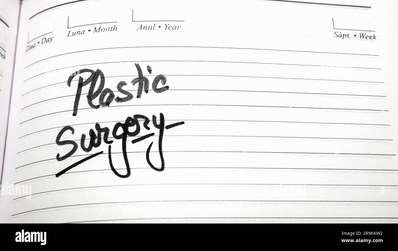 Plastic surgery, handwriting text on page of office agenda. Copy space ...