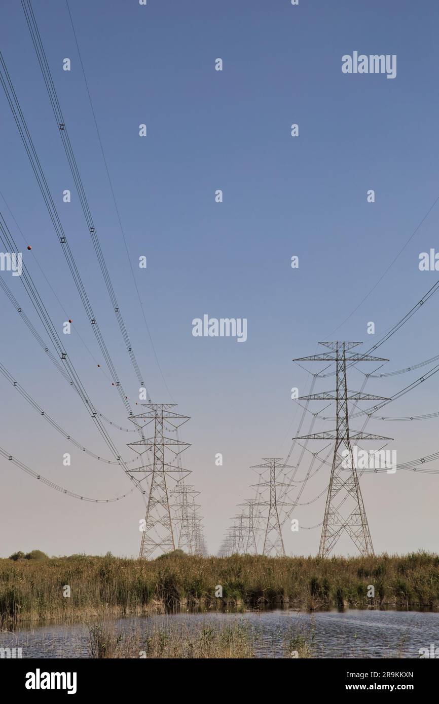 High Power Electric transmission grid lines in the desert.Dammam -Saudi ...