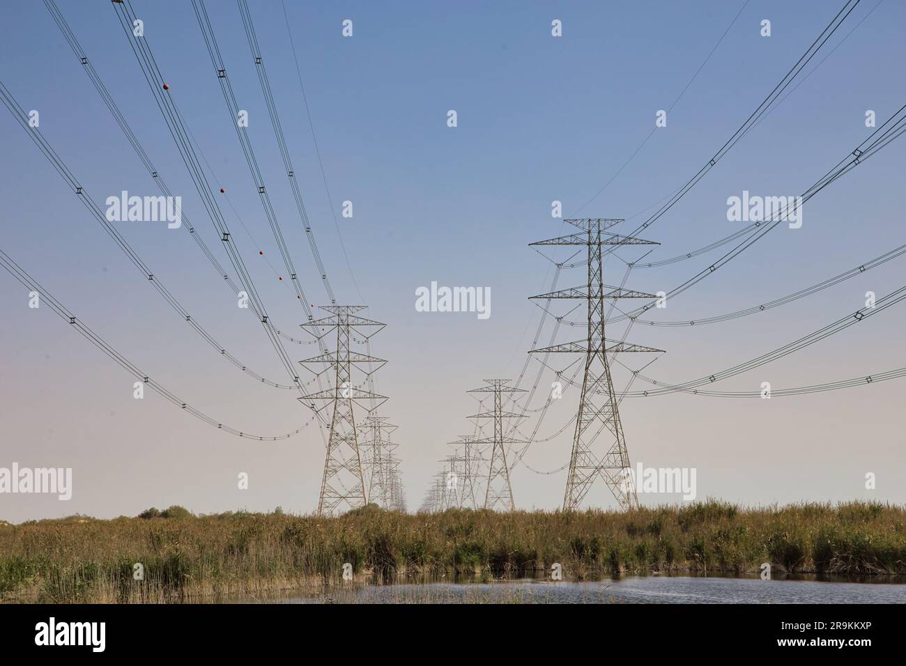 High Power Electric transmission grid lines in the desert.Dammam -Saudi ...