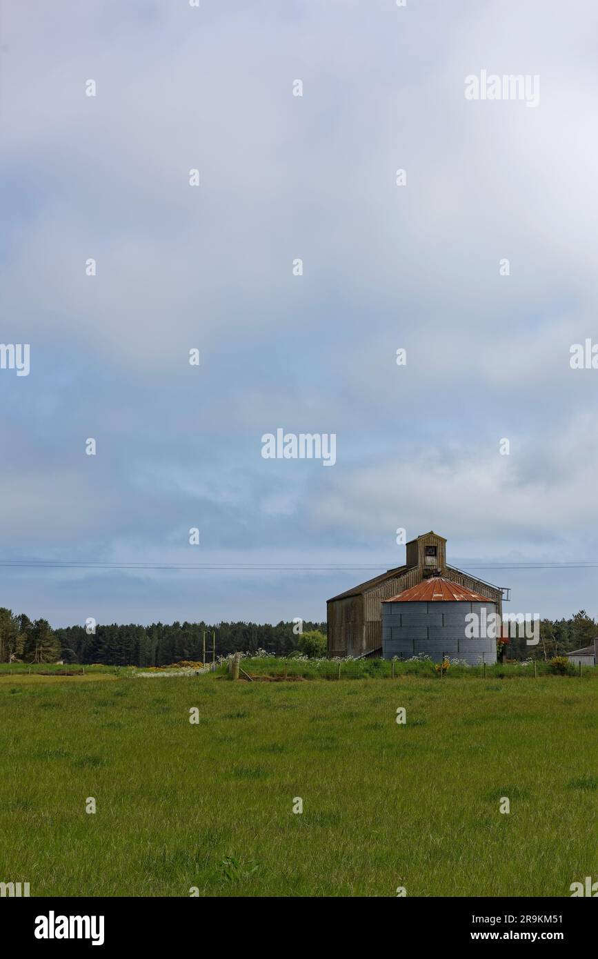 An old corrugated clad Barn and circular Grain Silo situated in the ...