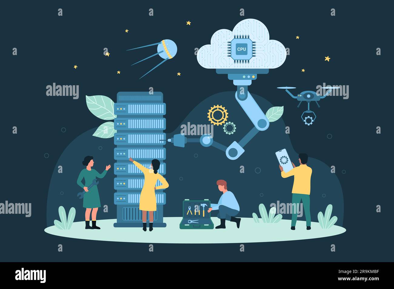 Cartoon tiny people control server hardware with robot arm, drone, repair smart system and ...