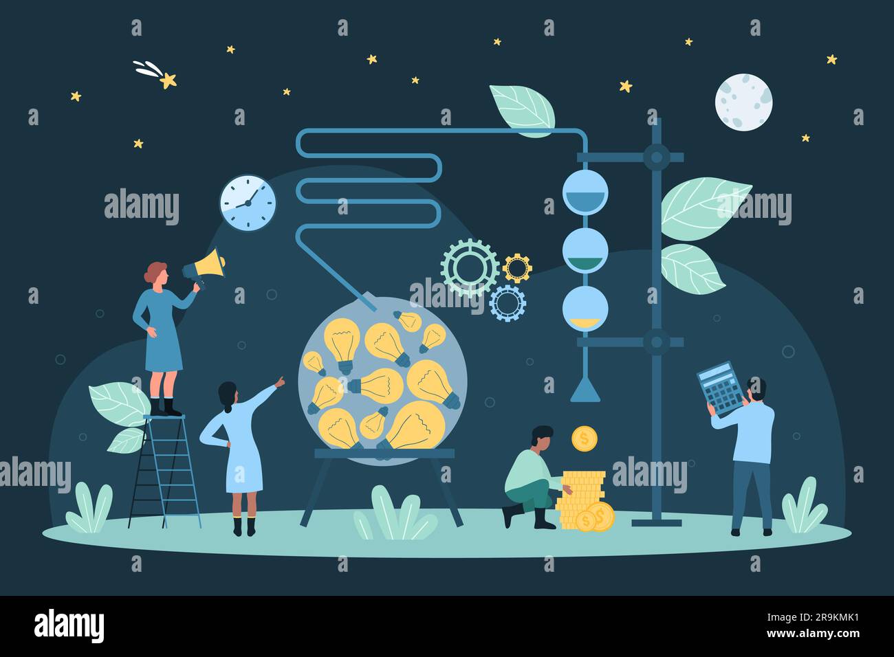 Cartoon tiny people work with creative marketing generator for ...