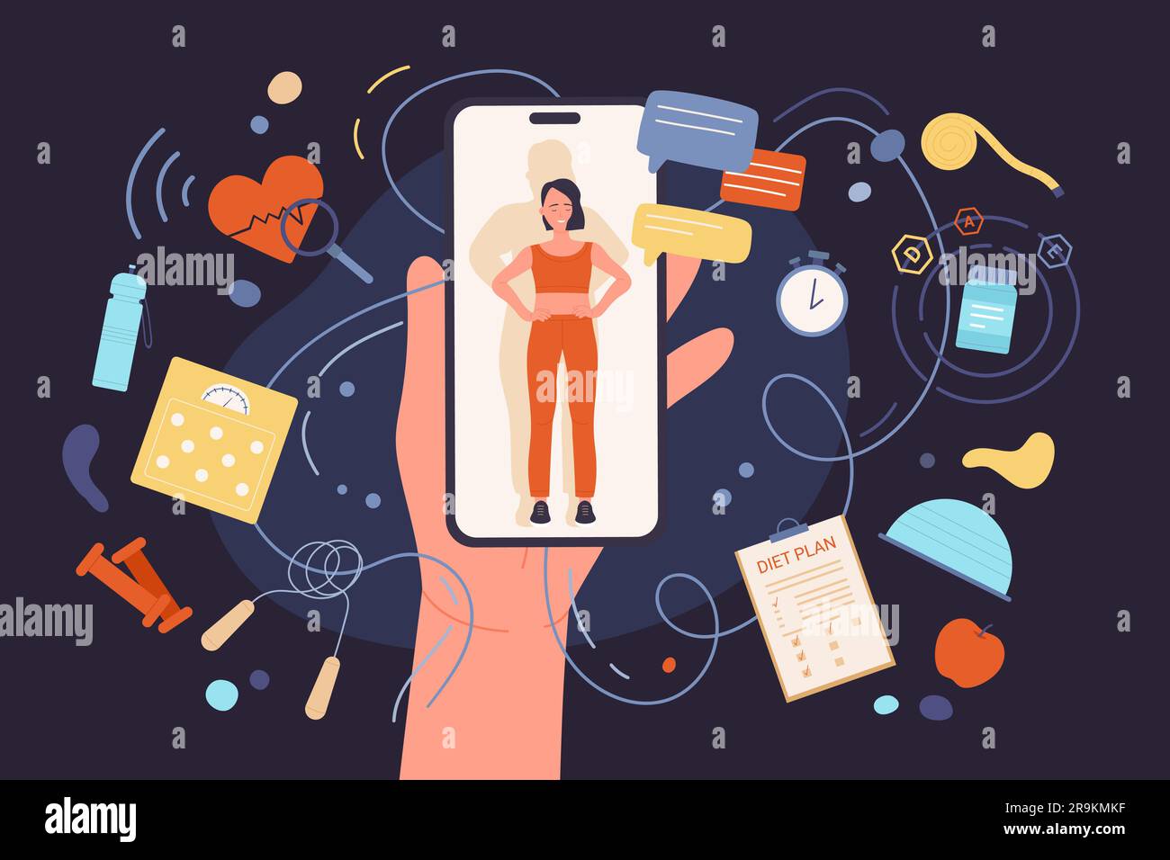 Cartoon hand holding phone with happy slim girl in sportswear on screen ...