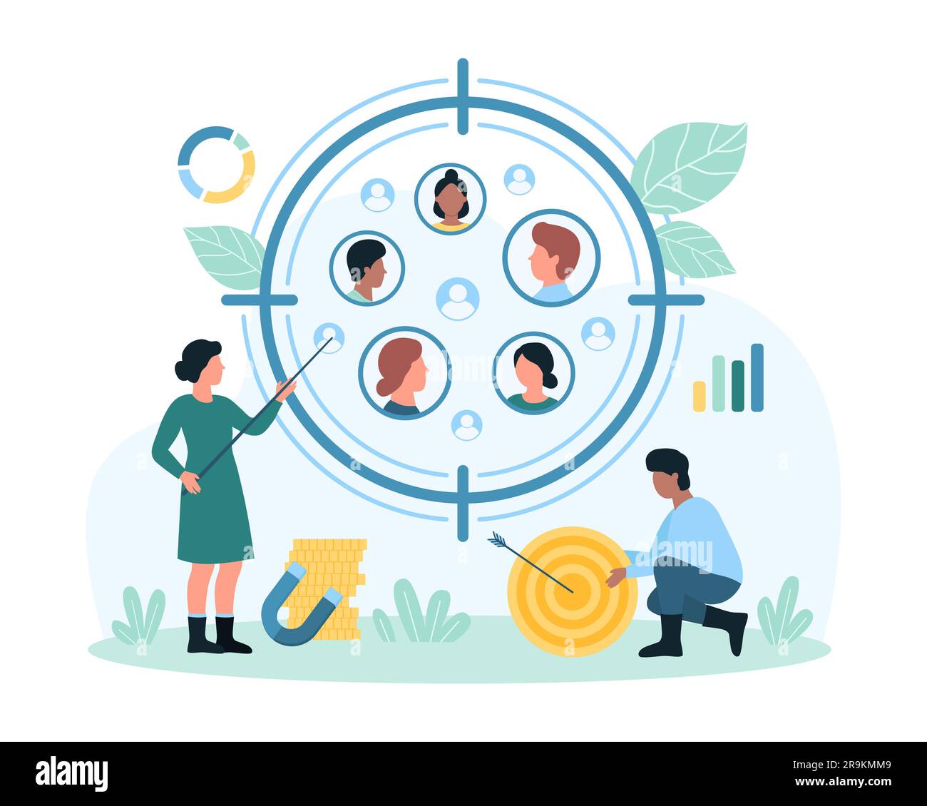 Target audience research service vector illustration. Cartoon tiny people study consumers focus ...