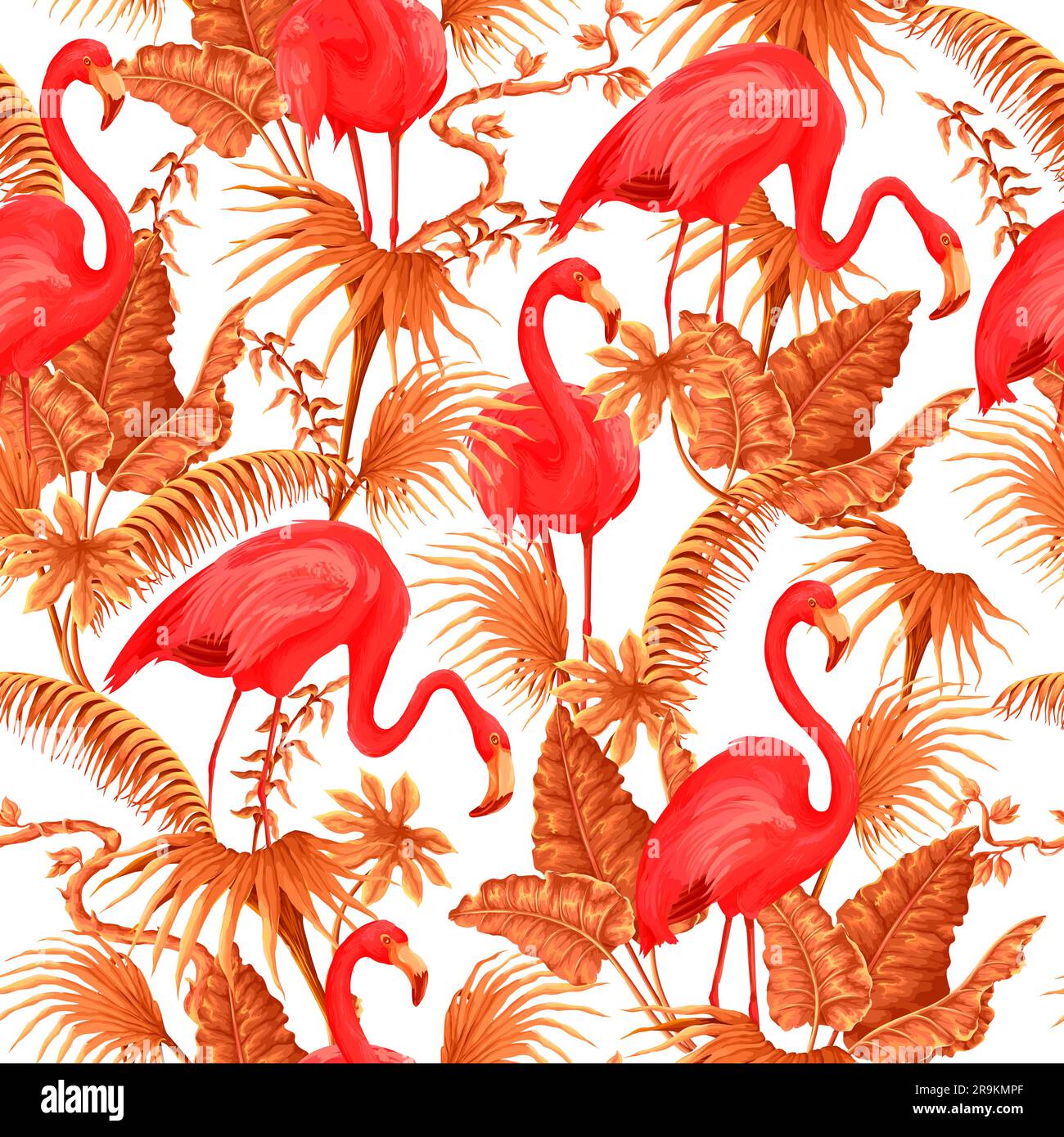 Seamless pattern with flamingos and tropical tress. Vector Stock Vector ...