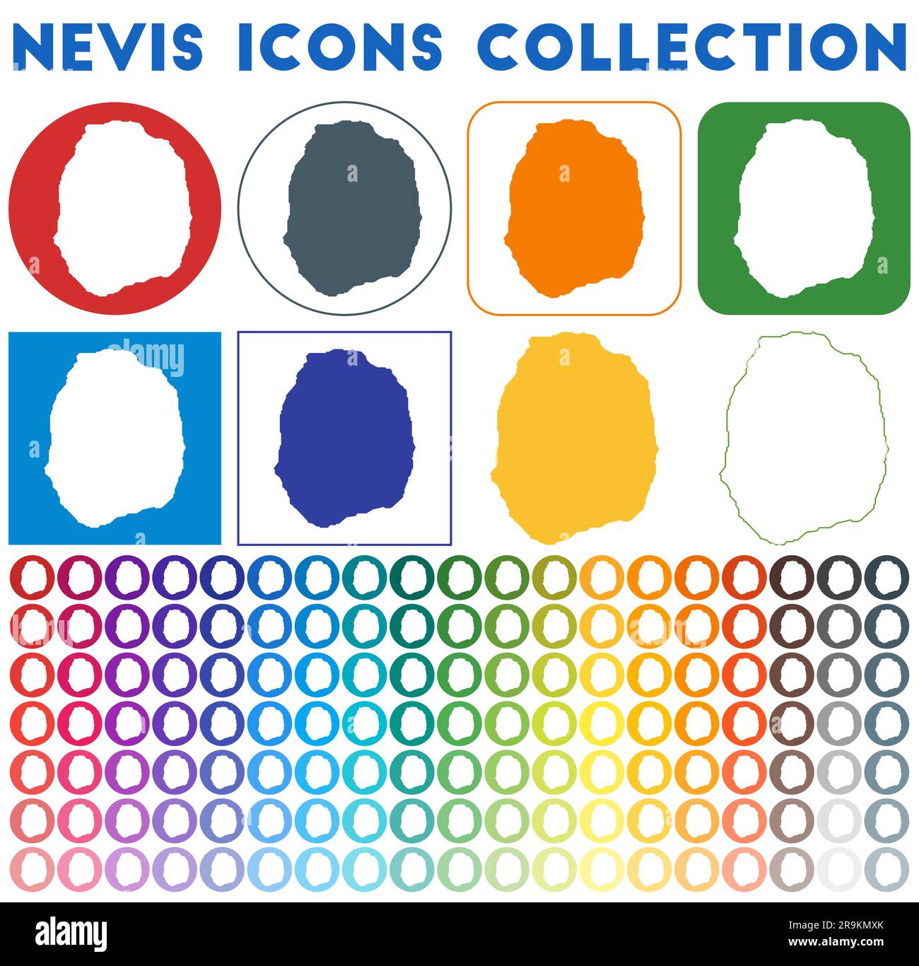 Nevis icons collection. Bright colorful trendy map icons. Modern Nevis ...