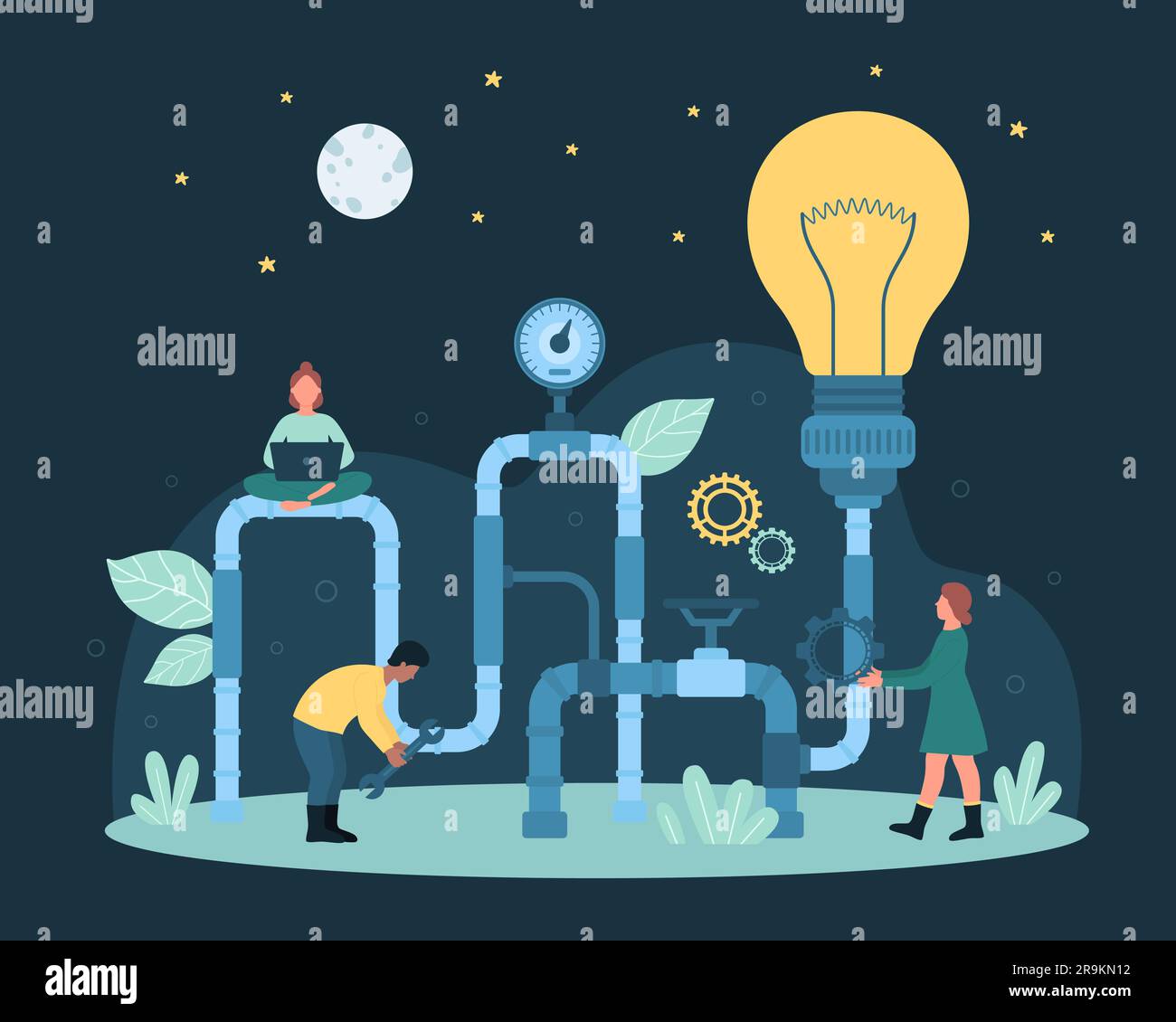 Cartoon tiny people work with idea generator pipeline and pipe system with bright light bulb to ...