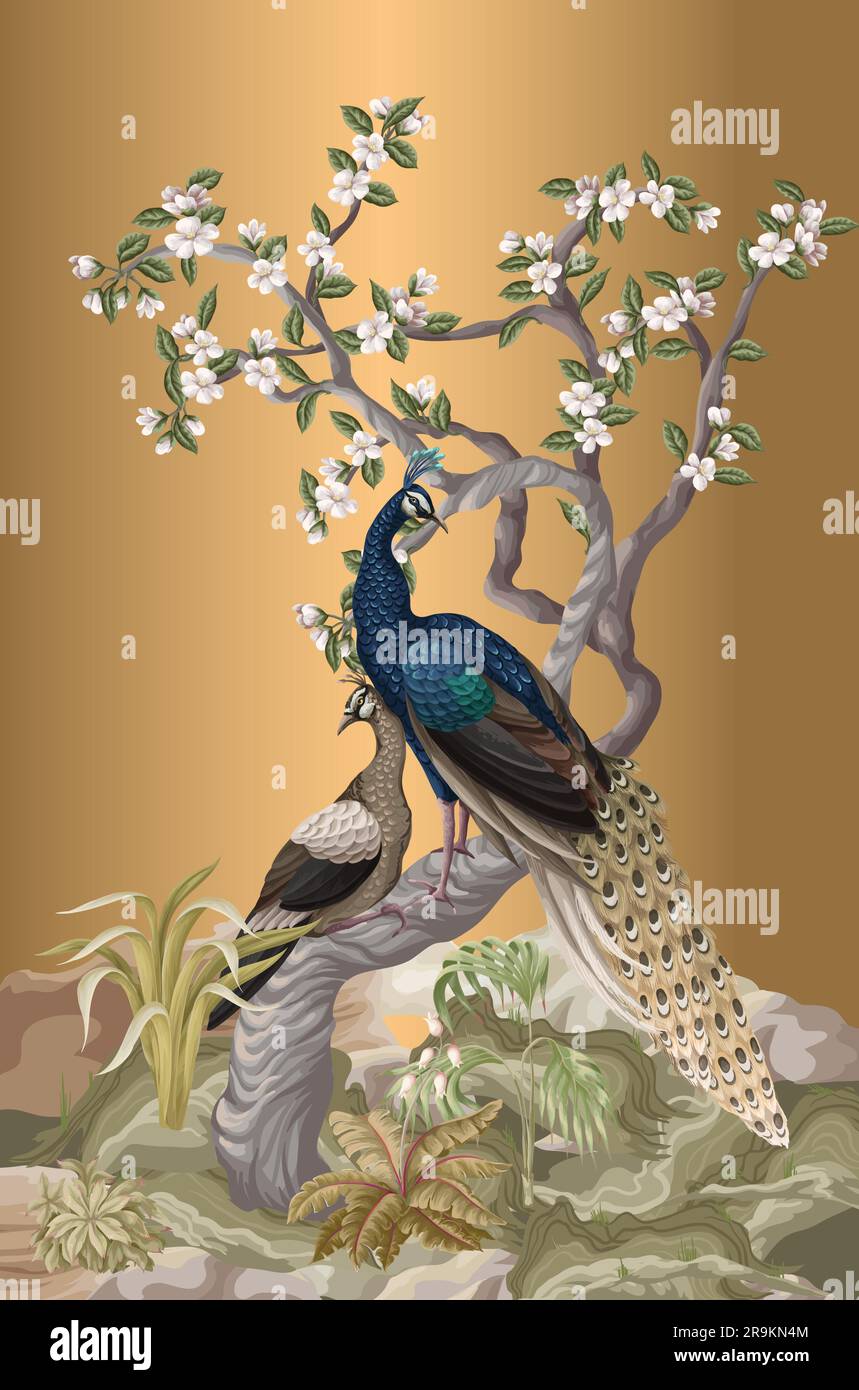 Chinoiserie mural with peacocks and flowers trees. Vector Stock Vector ...